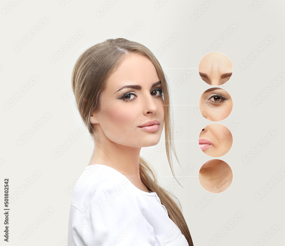 Aging. Mature woman-young woman.Face with skin problem.Showing photos ...