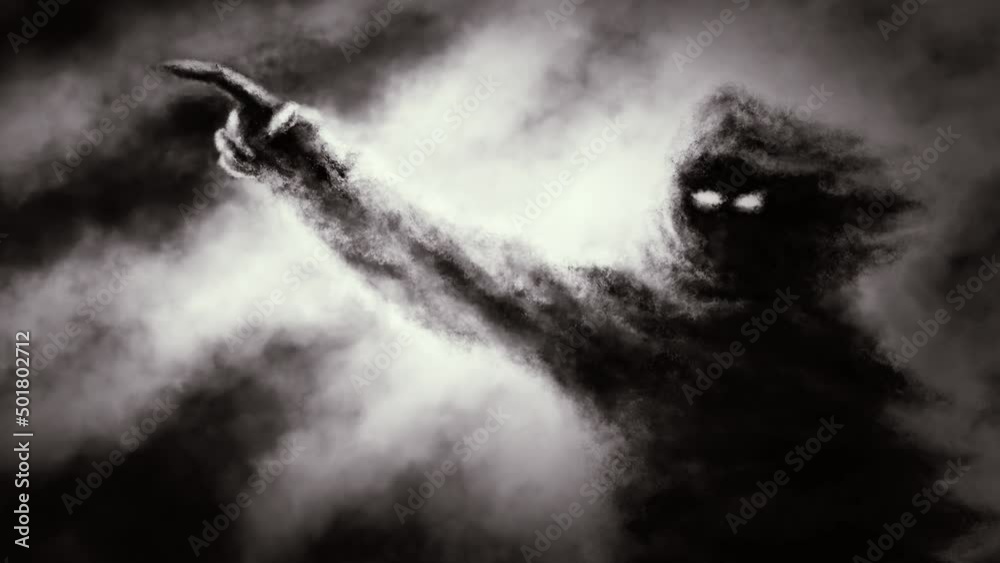 Shadow monk shows direction with his hand in light of darkness. 2D ...