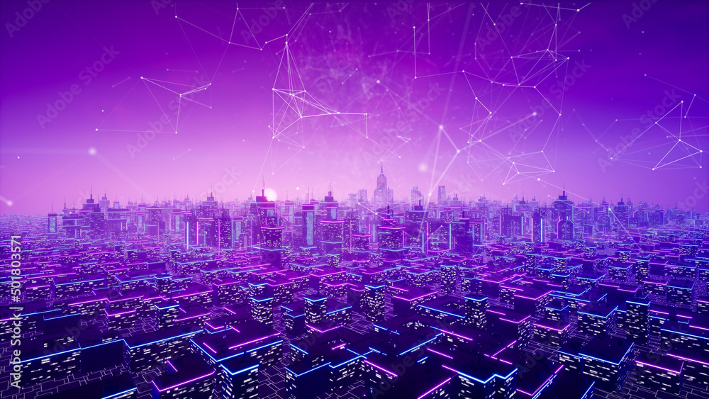 Metaverse city with connection, 3d render Stock Illustration | Adobe Stock