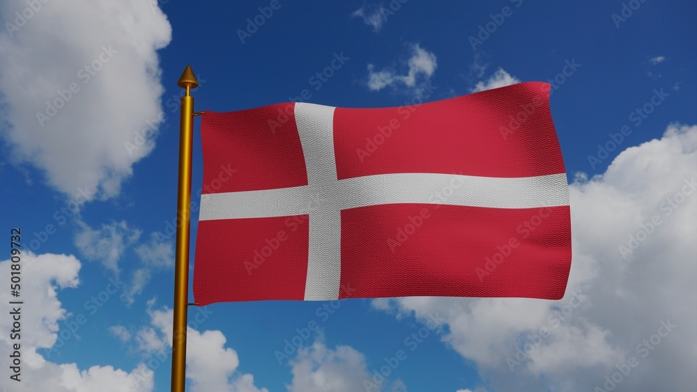 National flag of Denmark waving 3D Render with flagpole and blue sky ...