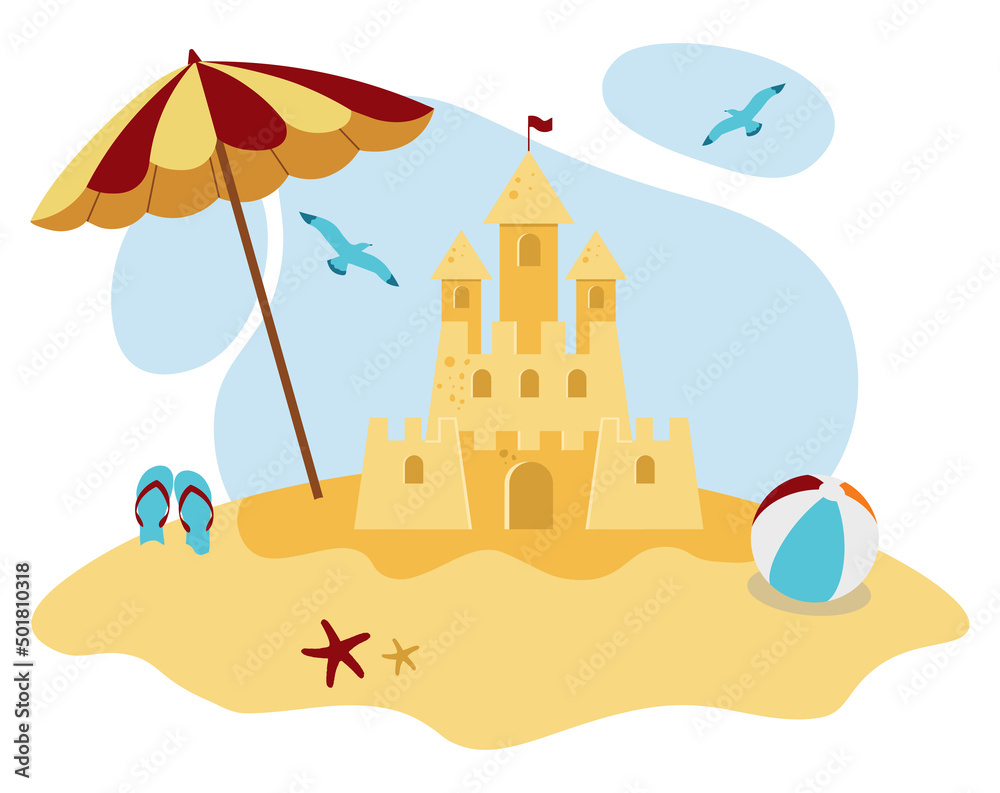 Sandcastle On The Beach Concept Summer Vector Illustration In Flat ...