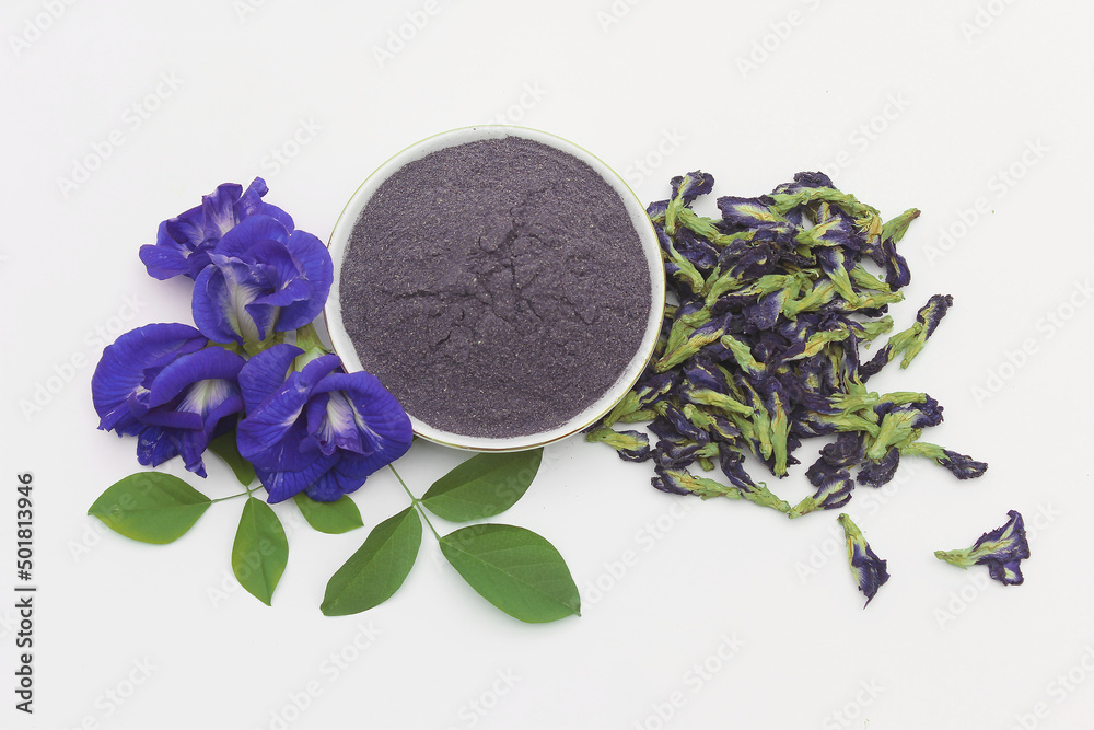 Butterfly pea flower-based powder and beverages Stock Photo | Adobe Stock
