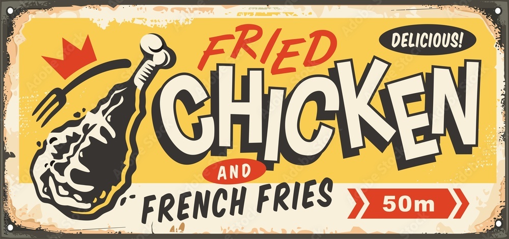 Fried chicken retro fast food menu sign with chicken drumstick and ...