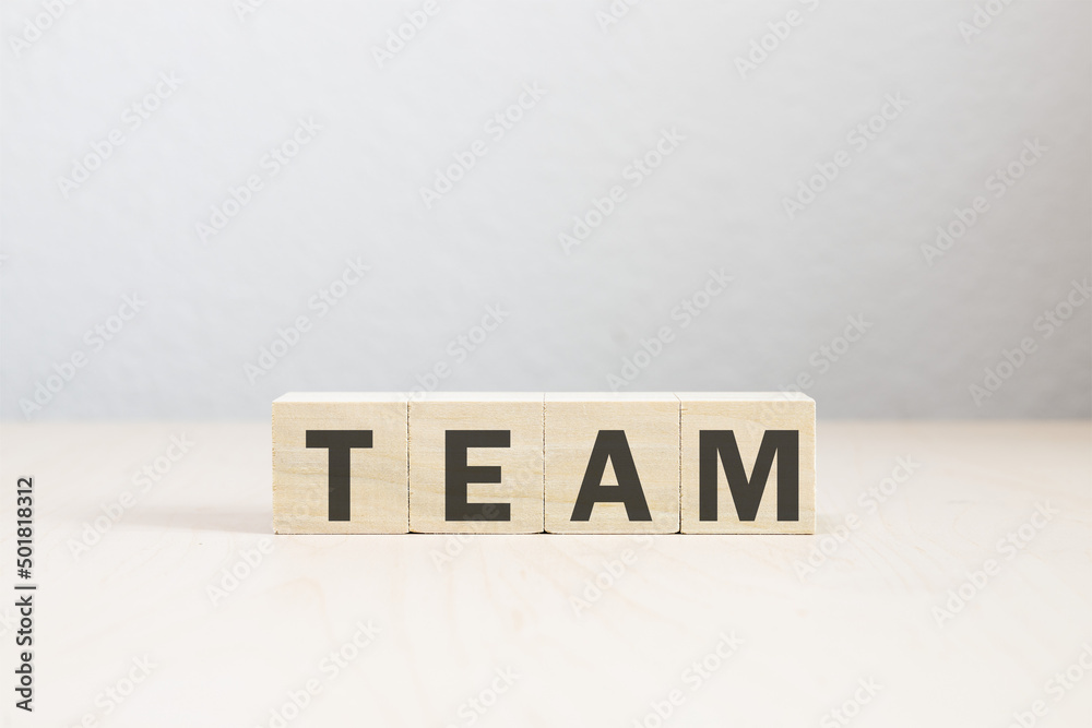 Team letter on wooden blocks in black letters. White background ...