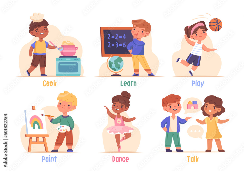 Different activities for children concept. Set of boys and girls ...