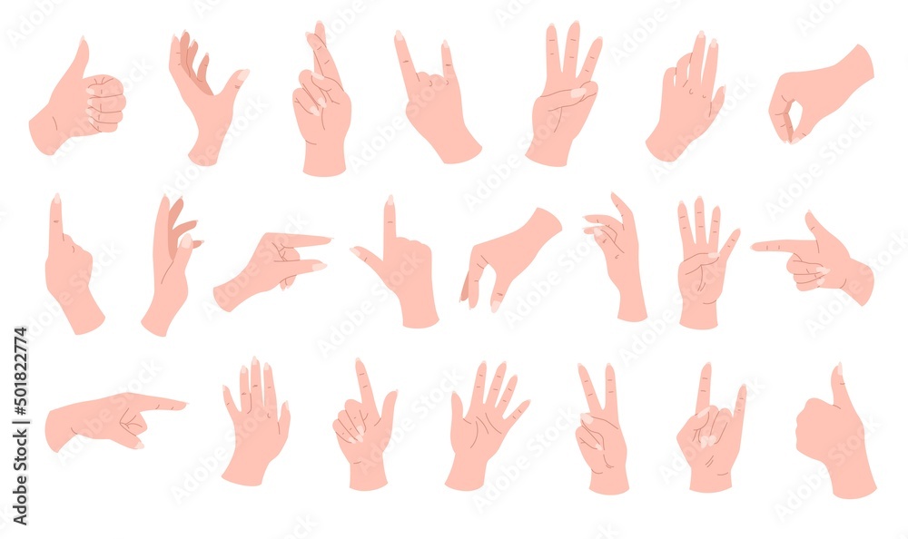 Set of hands poses. Colorful stickers with various positive and unusual ...