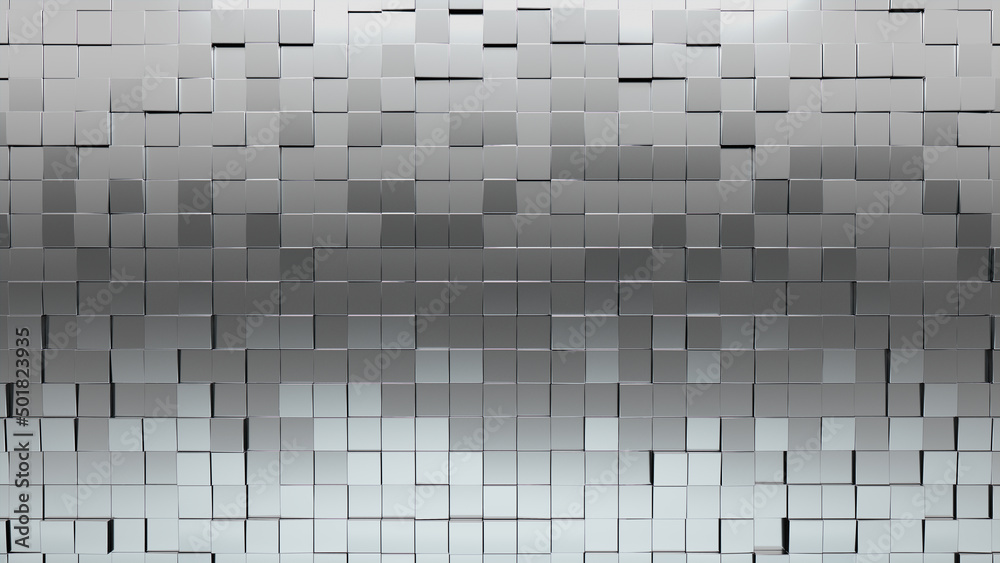 Silver, Square Mosaic Tiles arranged in the shape of a wall. Polished ...