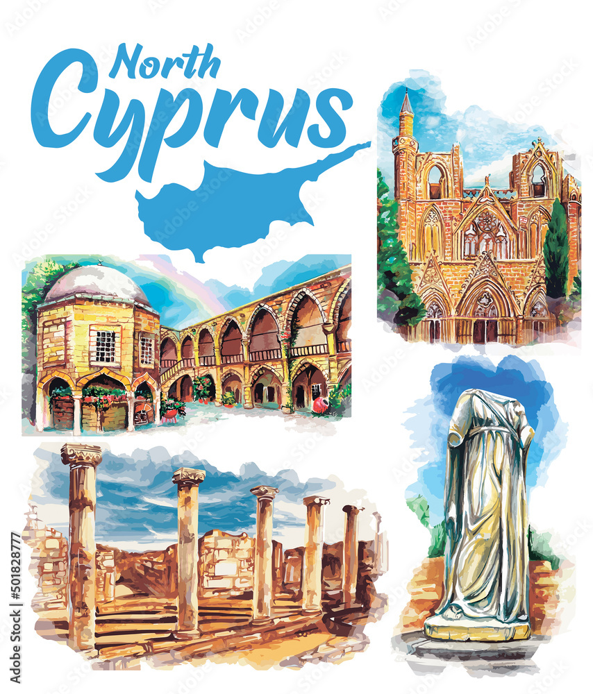 Set of Hand drawn watercolor drawing of Cyprus landmarks, illustration ...