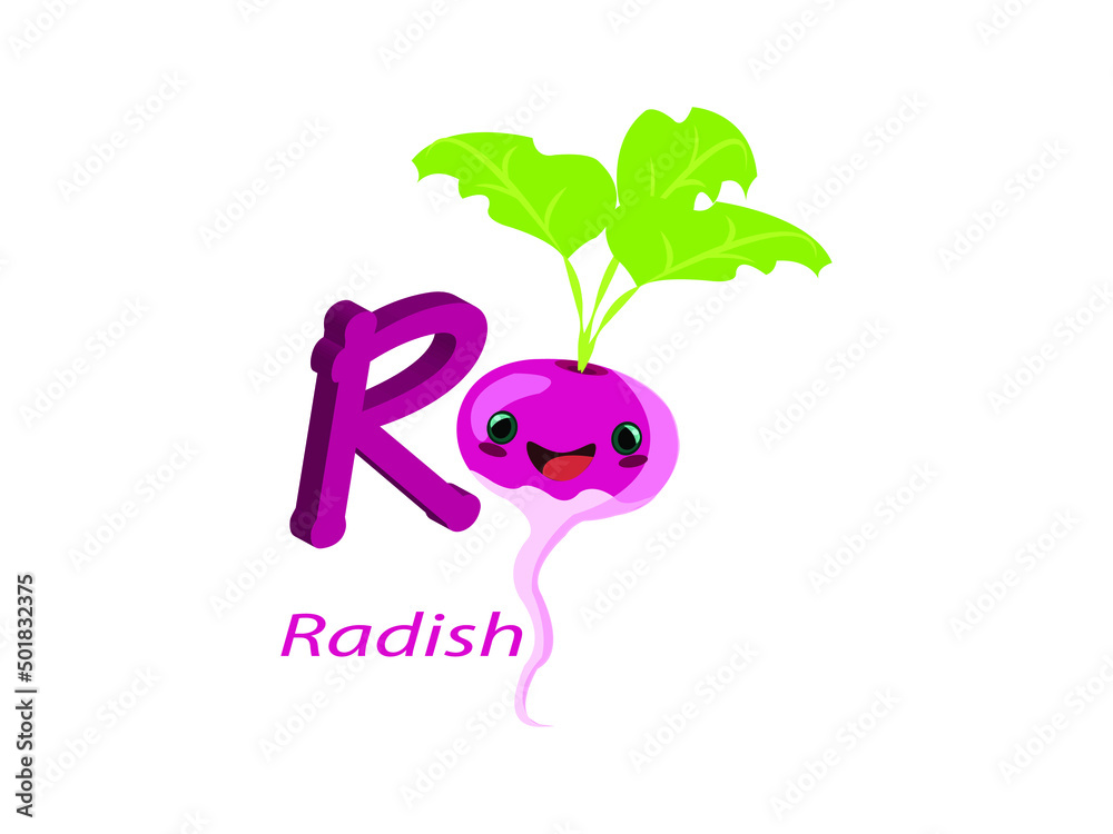 R for Radish Alphabet Vector illustration. Fruit and Vegetables Name ...