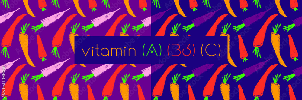 Vitamin A banner with vector carrot pattern seamless. Textured hand ...