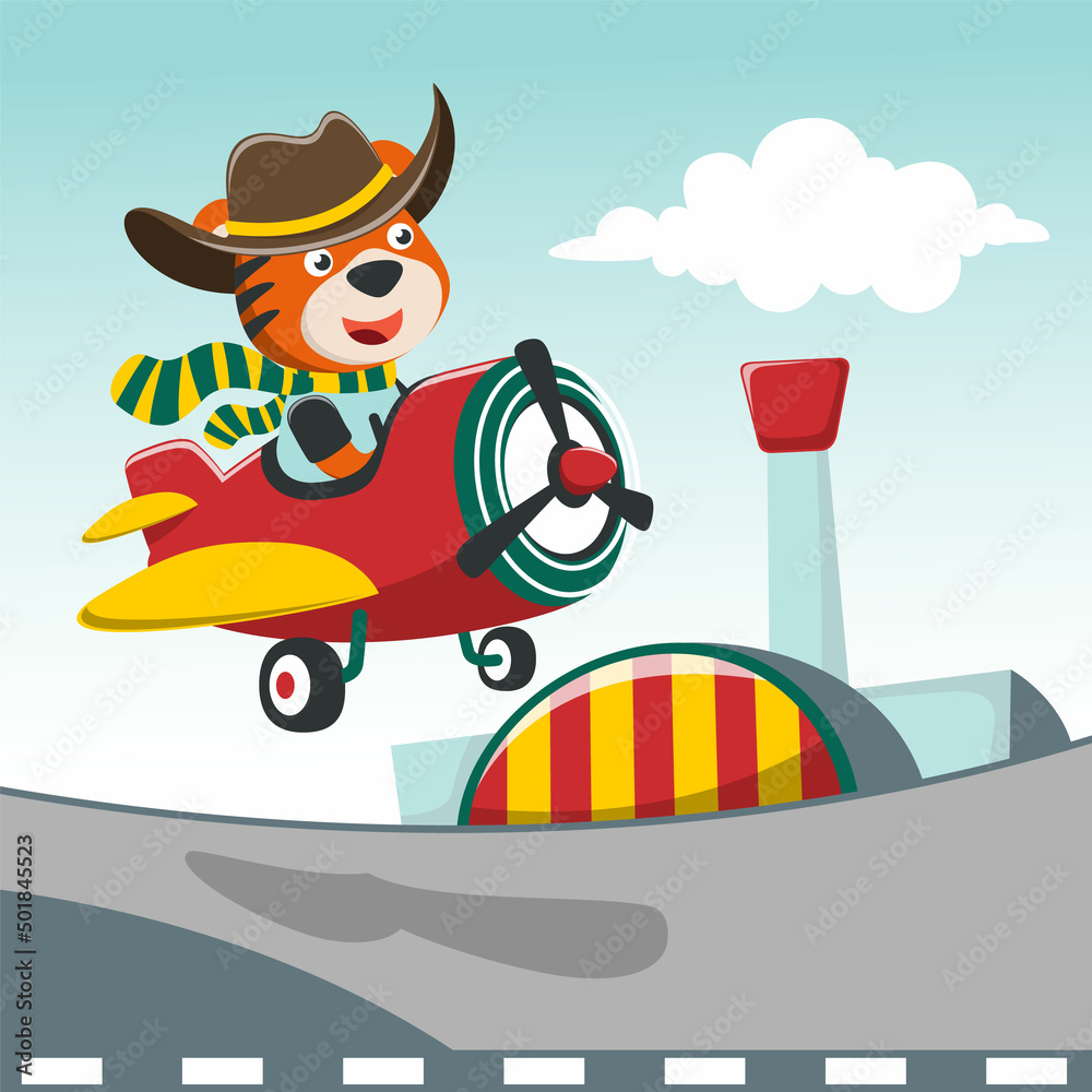 Cute little tiger flying on a airplane. Vector childish background for ...