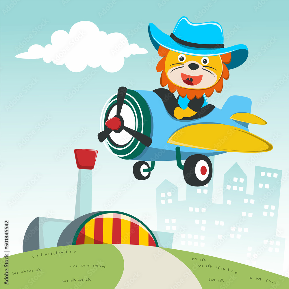 Cute little lion flying on a airplane. Vector childish background for ...
