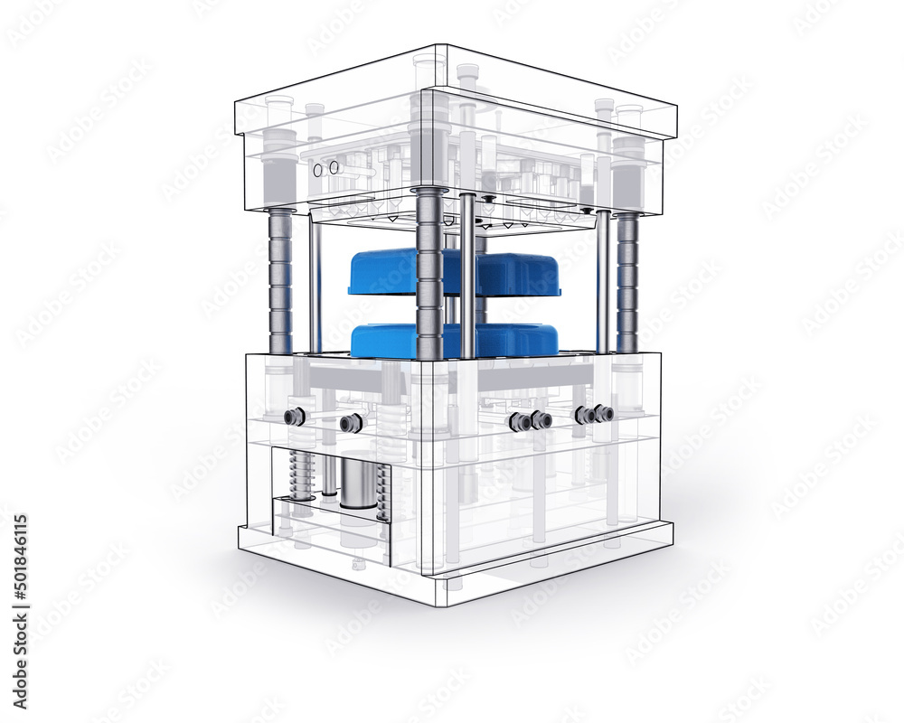 3D render of plastic moulding machine. Plastic injection moulding.Cups ...