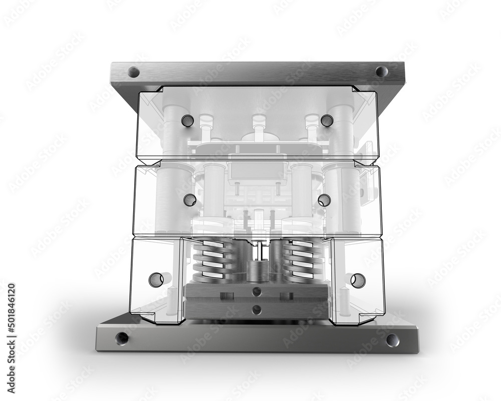 3D render of plastic moulding machine. Plastic injection moulding.Cups ...