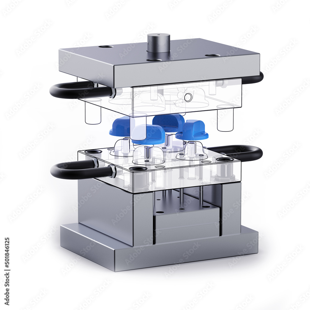 3D render of plastic moulding machine. Plastic injection moulding.Cups ...