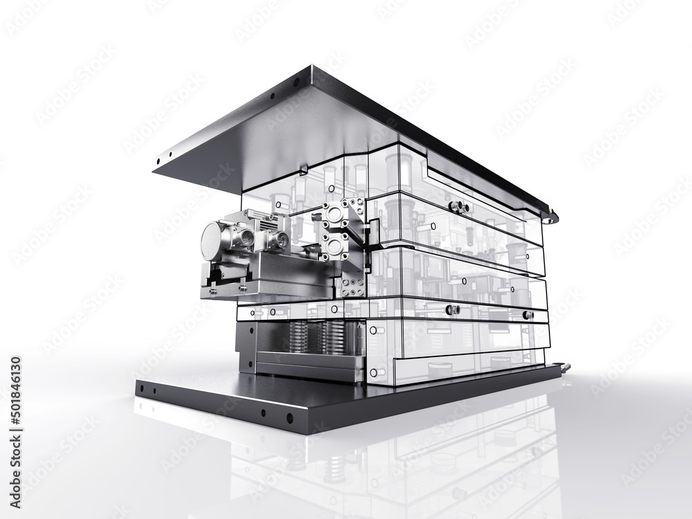 3D render of plastic moulding machine. Plastic injection moulding.Cups ...