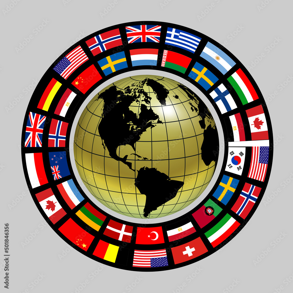 Business background, ring of flags around earth, 3D symbol with ...