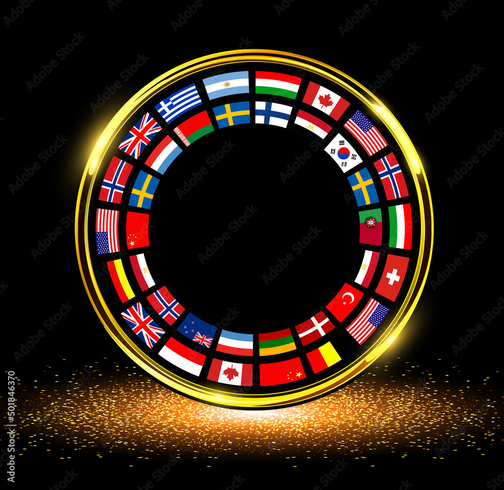 Gold button with international flags around, golden sparkling ring with ...