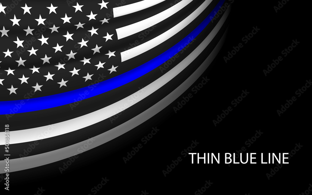 Waving flag of United States with Thin blue line on dark background ...