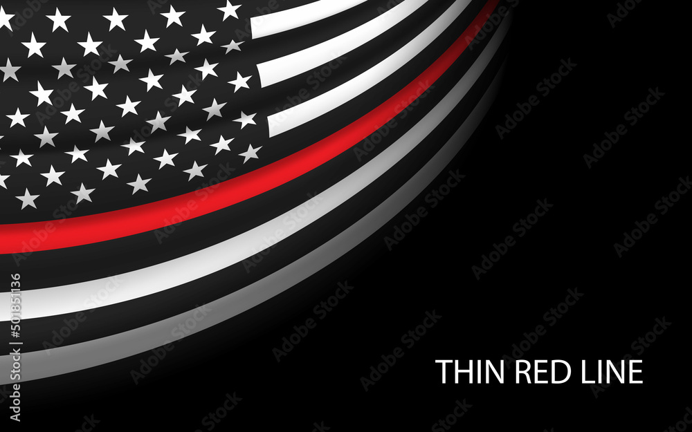 Waving flag of United States with Thin red line on dark background ...