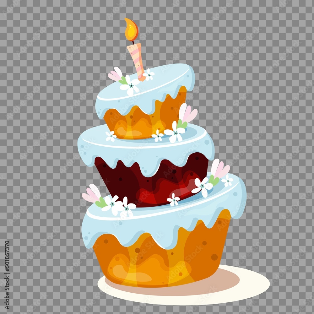 Vector cake with blue icing, a candle and flowers in cartoon style on a ...