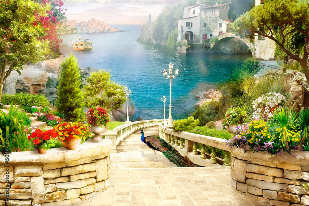 Beautiful collage with access to the sea. Digital collage, mural ...