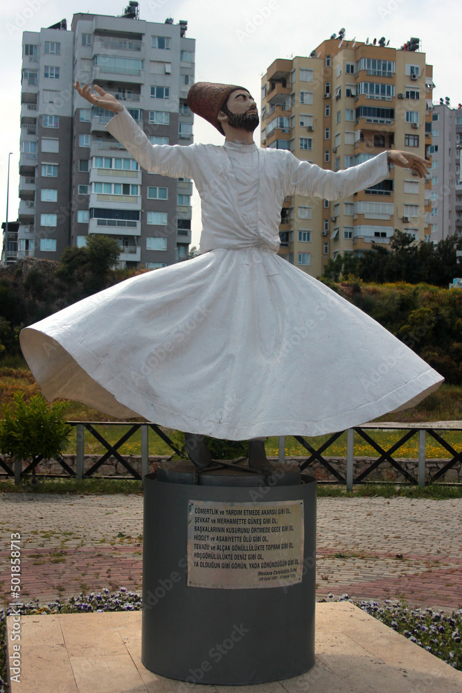 Antalya, Turkey - April 29, 2022: Monument to Jalal ad-Din Rumi, a 13th ...