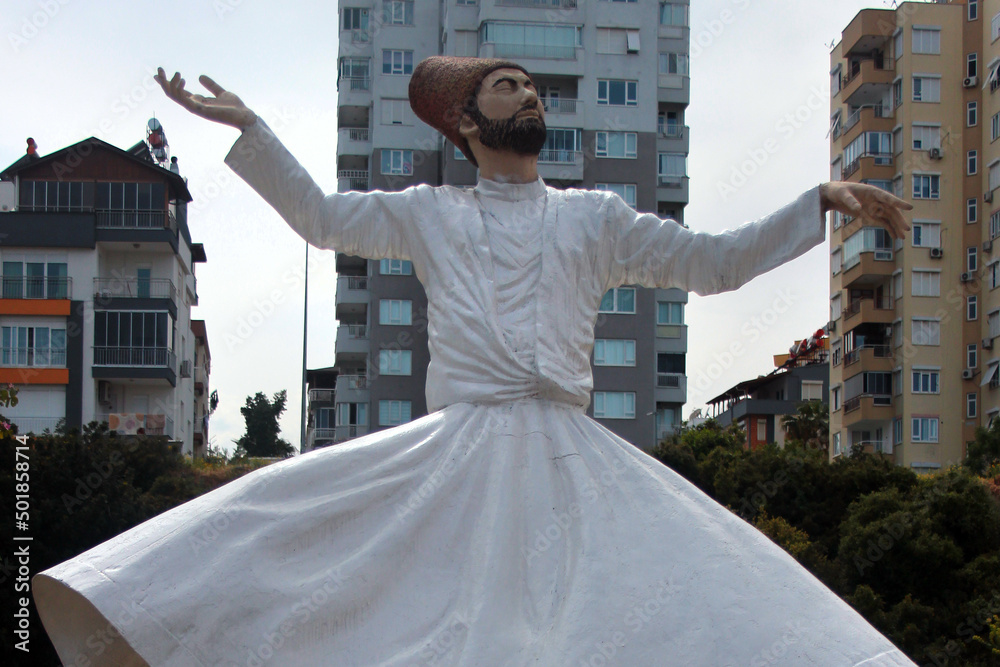Antalya, Turkey - April 29, 2022: Monument to Jalal ad-Din Rumi, a 13th ...