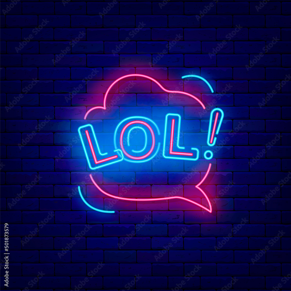 Comic speech bubble lol neon sign. Laugh concept. Pop art burn design ...