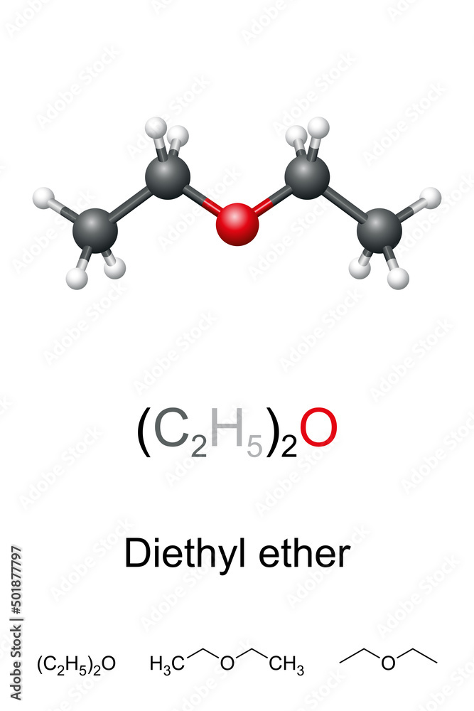 Diethyl ether, or simply ether, ball-and-stick model, molecular and ...