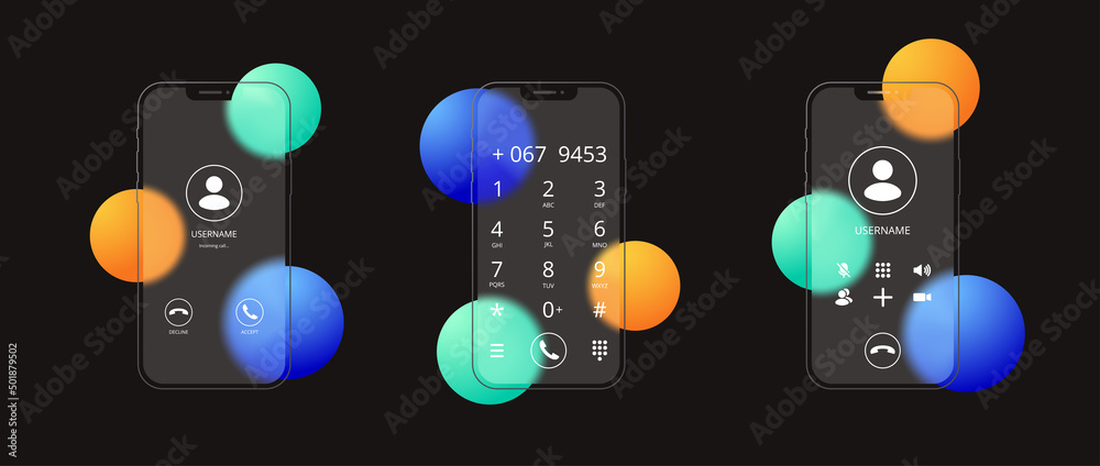 Phone screen set of incoming call, typing a number and phone ...