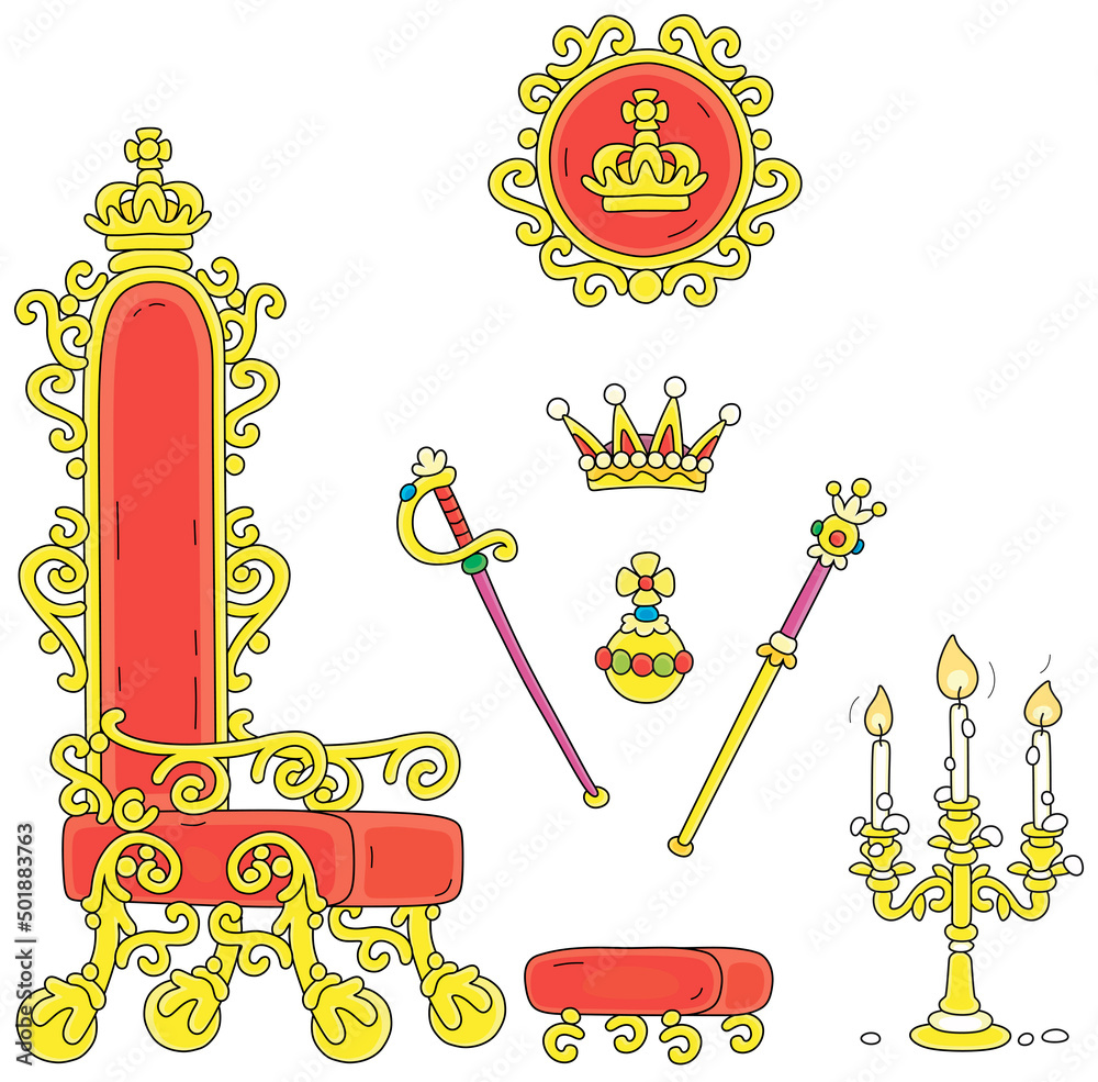 King throne, a golden crown and other royal regalia, vector cartoon ...