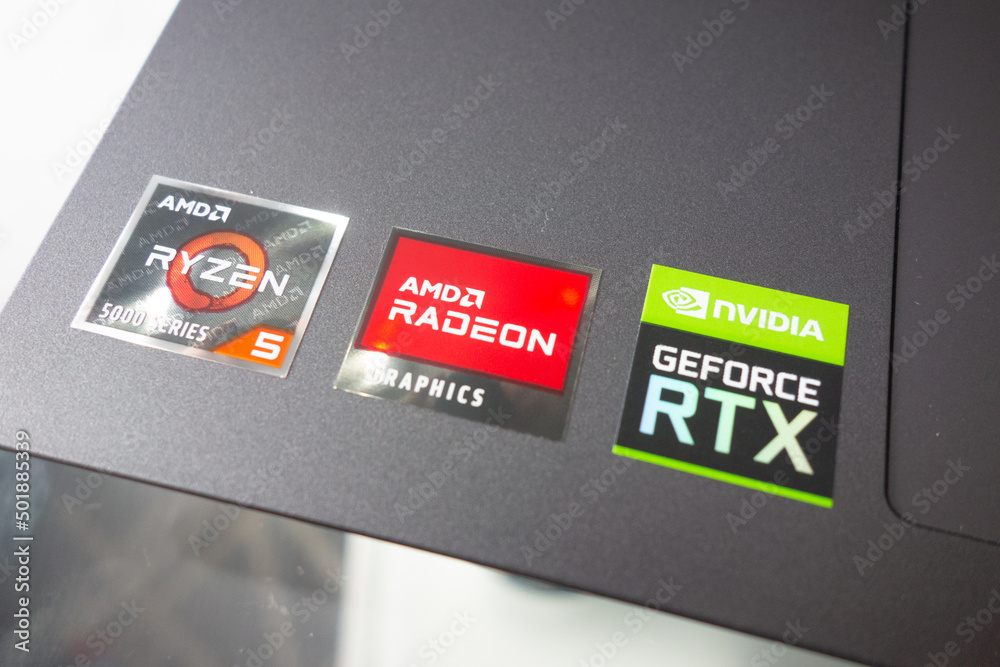 KONSKIE, POLAND - April 27, 2022: stickers with AMD Ryzen 5000 series ...