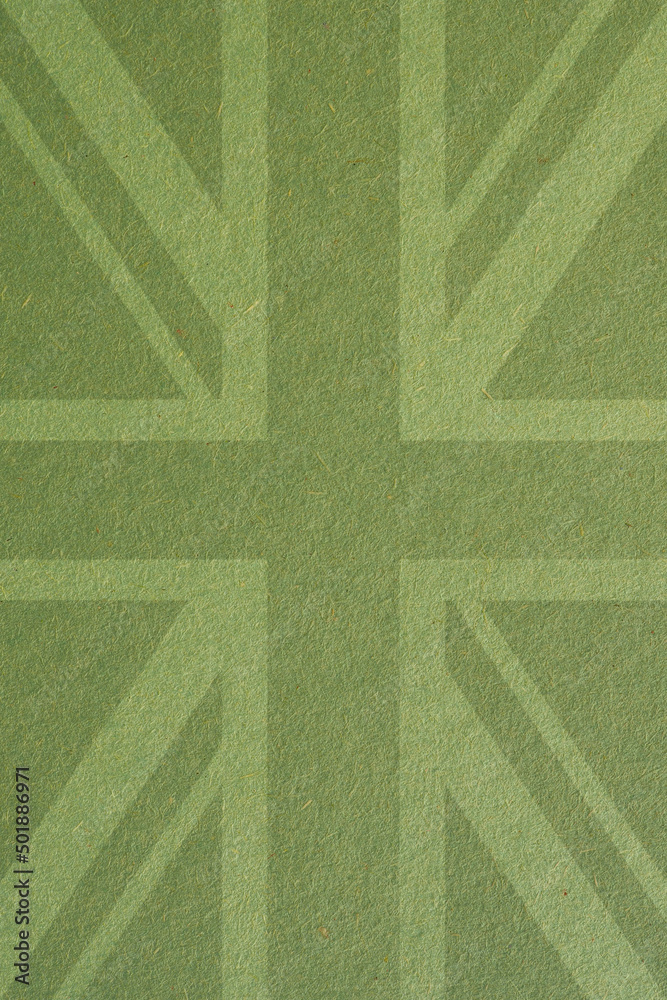 British flag outline on green cardboard surface. Paper texture with ...