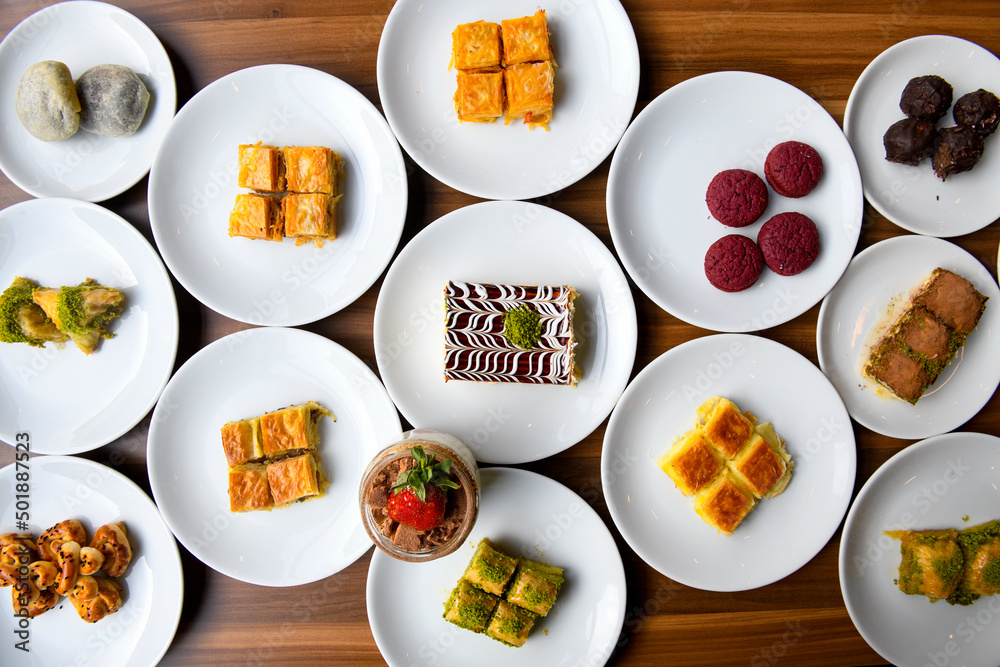 Table scene of assorted take out or delivery foods. Traditional Turkish ...