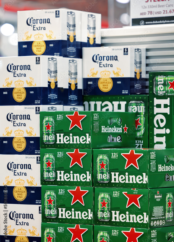 Heineken and Corona beer in boxes in a shelf in duty free shop in Dubai ...