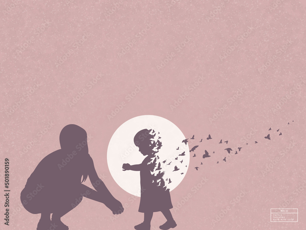 Mother and dying baby. Child silhouette and birds. Death and afterlife ...