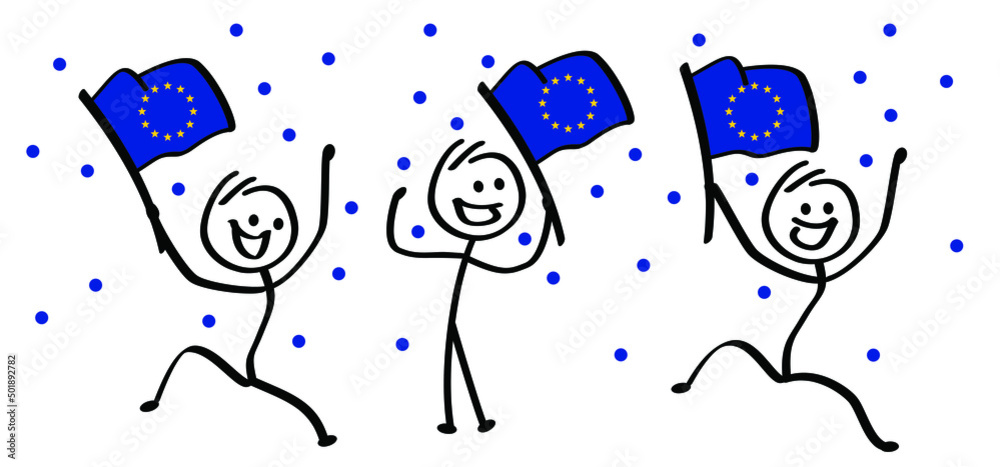 Europe flag with confetti. Happy stickman or stick figure man. Europe ...