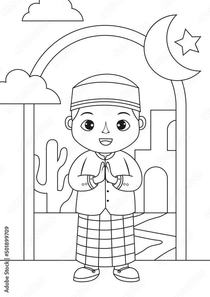 Coloring page of cute muslim boy. Coloring book design for kids and ...