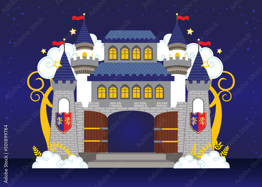 Cute cartoon castle for prince with towers and flags Stock Vector ...
