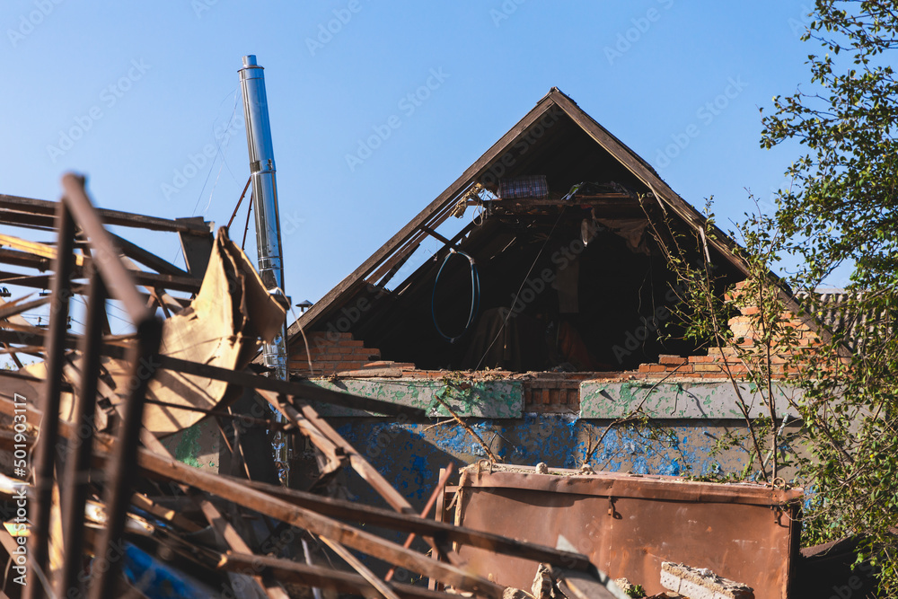 Destroyed residential private house due to explosion. The collapse of a ...
