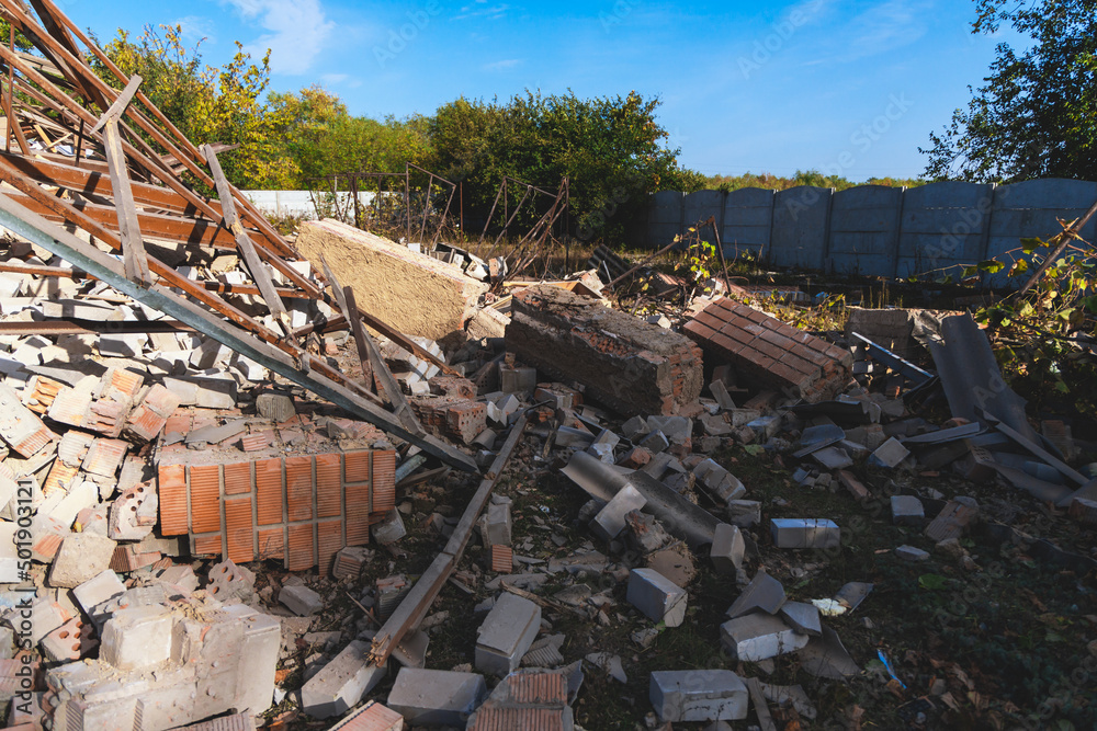 Destroyed residential private house due to explosion. The collapse of a ...