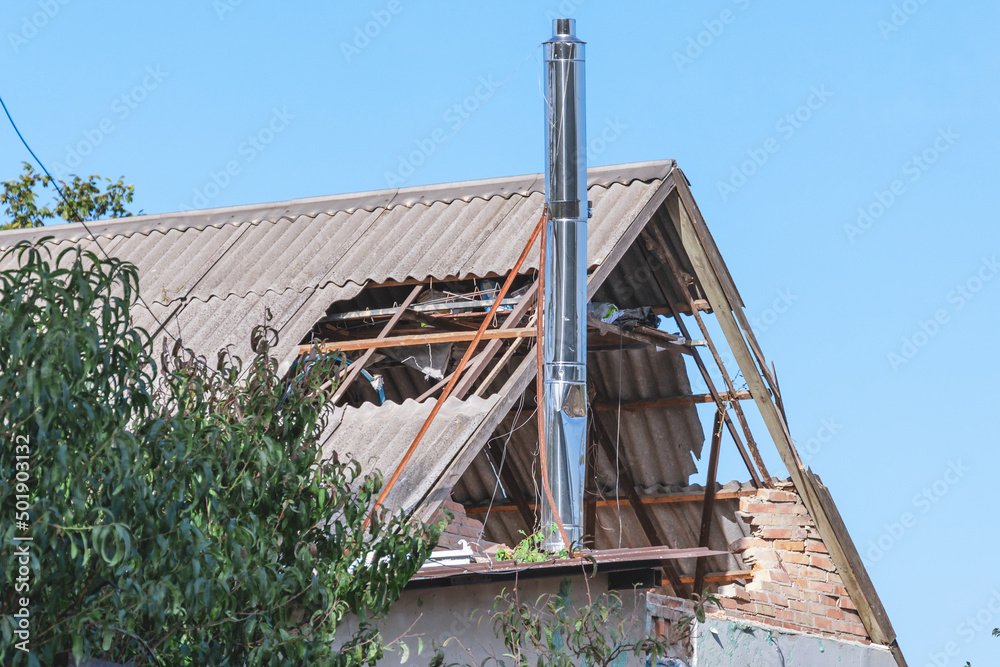 Destroyed residential private house due to explosion. The collapse of a ...