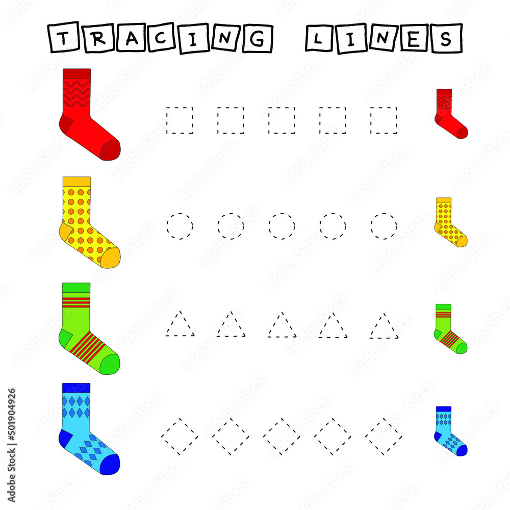 Tracing lines game with socks. Worksheet for preschool kids, kids ...