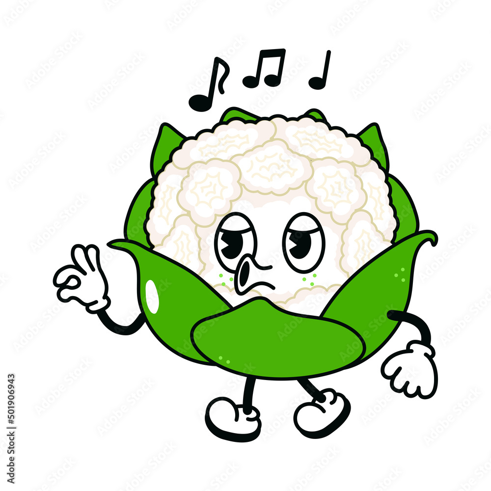 Cute funny cauliflower walking singing character. Vector hand drawn ...