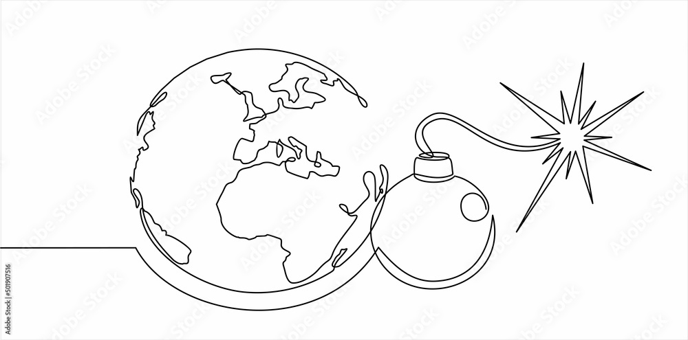 continuous line drawing of world planet with bomb with firing fuze ...