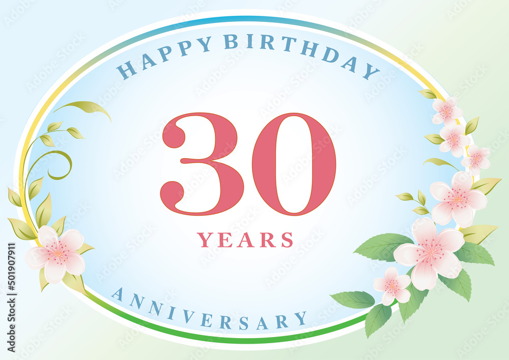 Anniversary 30 years, birthday card with floral pattern on a multicolor ...