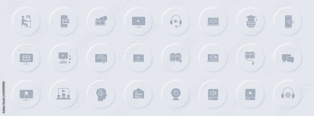 e learning gray glyph icons on round rubber buttons. e learning vector ...