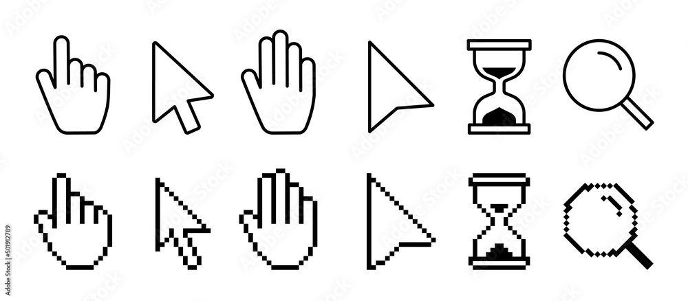 Pixel cursors icons - mouse cursor, hand pointer, hourglass. Vector ...