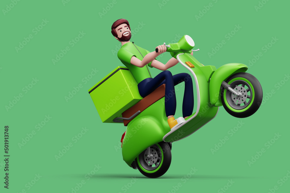 Delivery man riding a motorcycle with delivery box, 3d rendering Stock ...